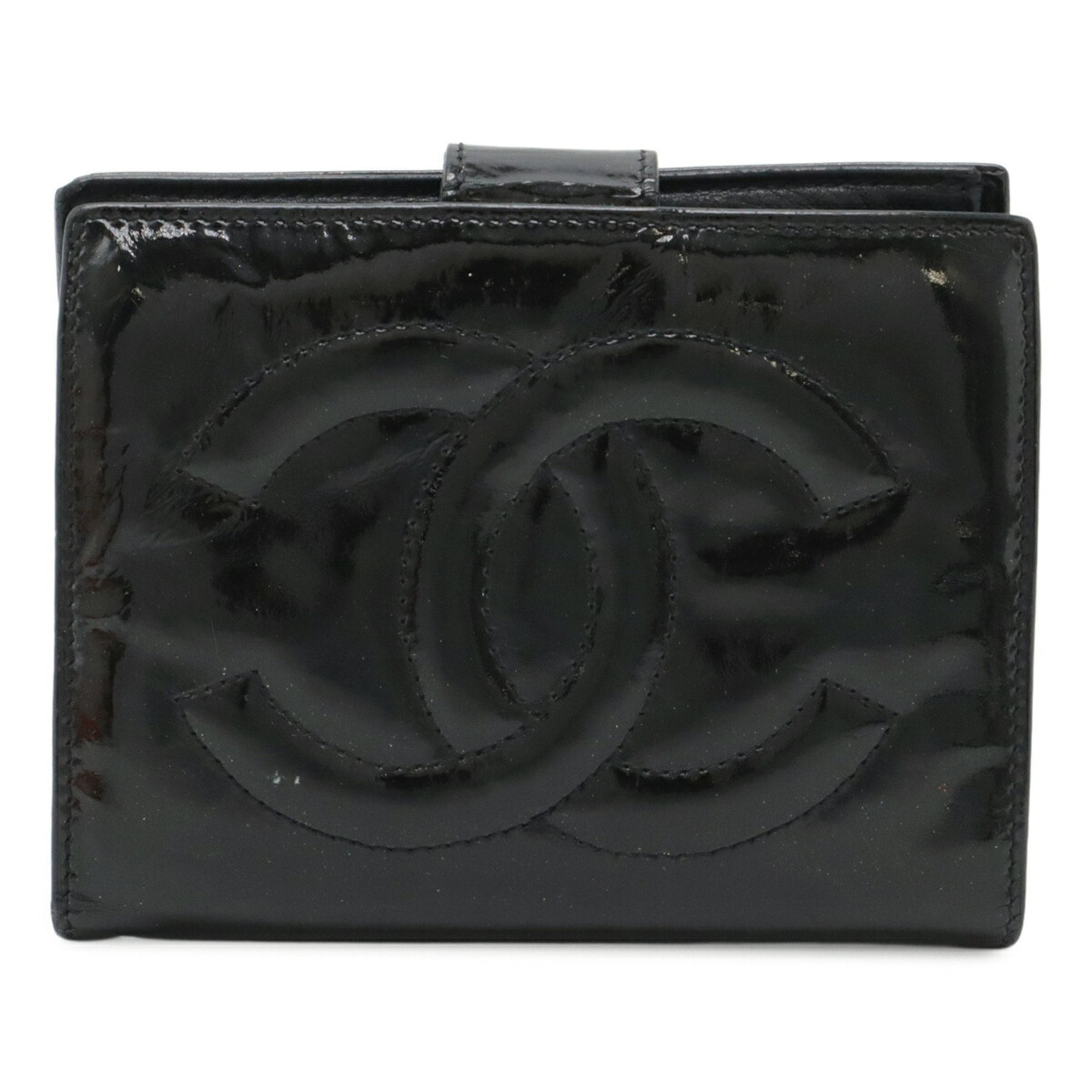Pre-Owned CHANEL Coco Mark Bi-fold Wallet Enamel Patent Leather Black ...