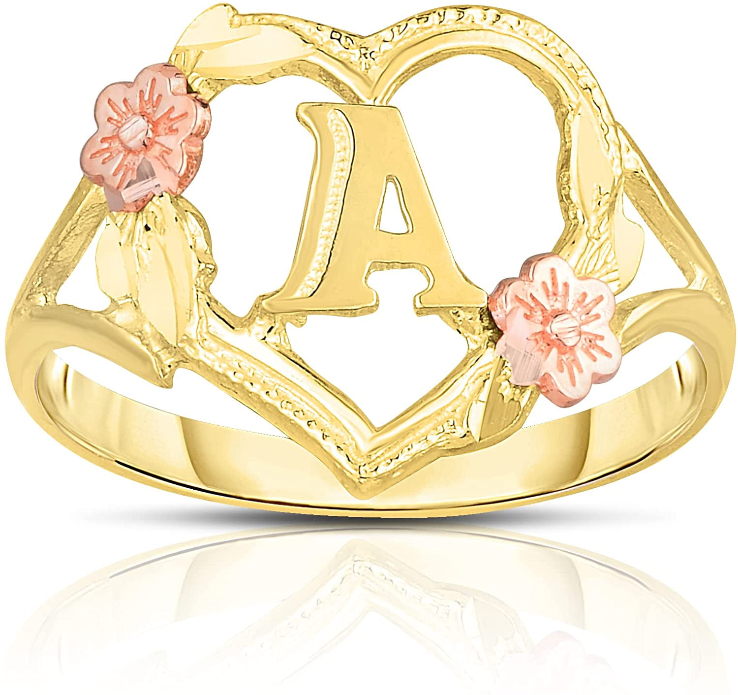 Floreo 10k Yellow Gold A-Z Letter Initial Ring with Heart and Rose Gold ...