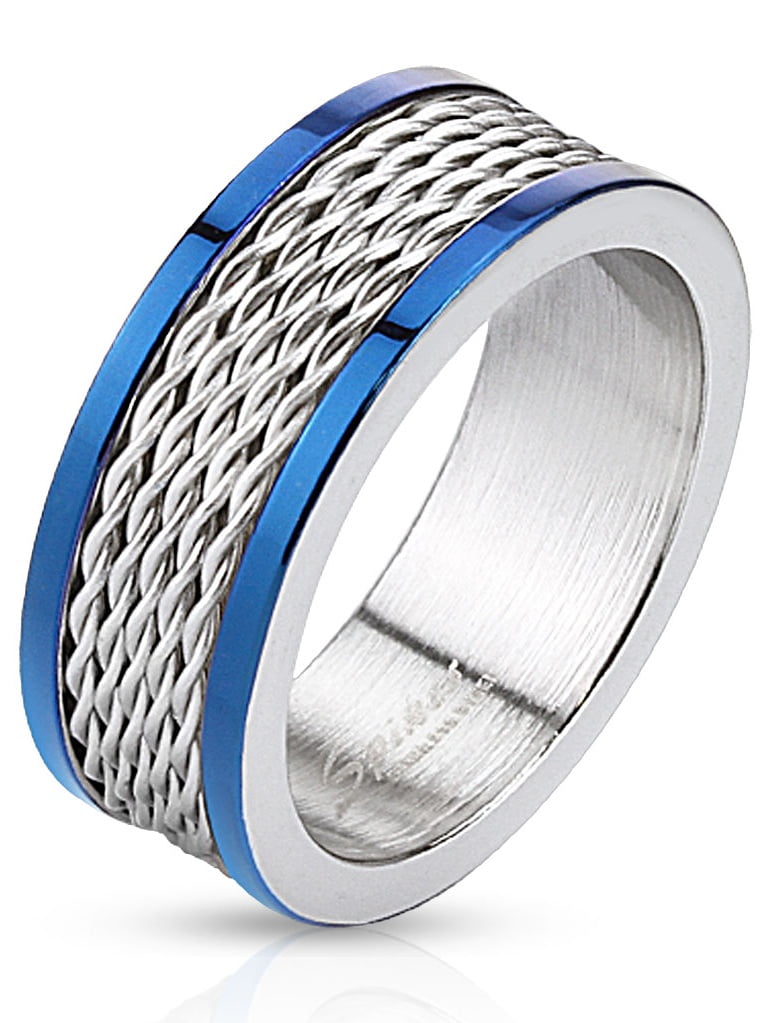 8mm Multi Wire Inlay Stainless Steel Band Ring with Blue IP Edge Men's ...
