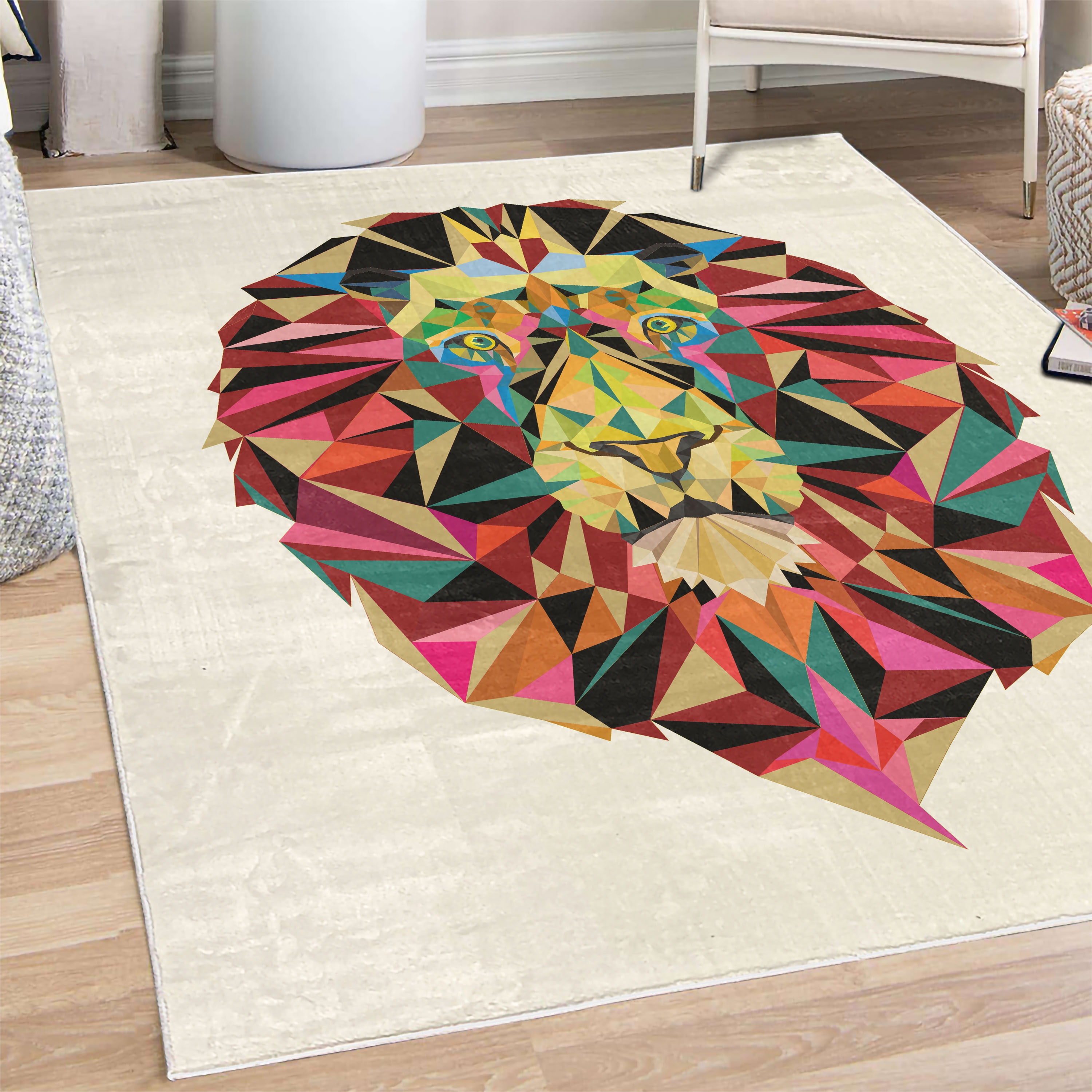 Zoo Decorative Rug, Colorful Animals Geometric Diamond Face Lions Mane ...