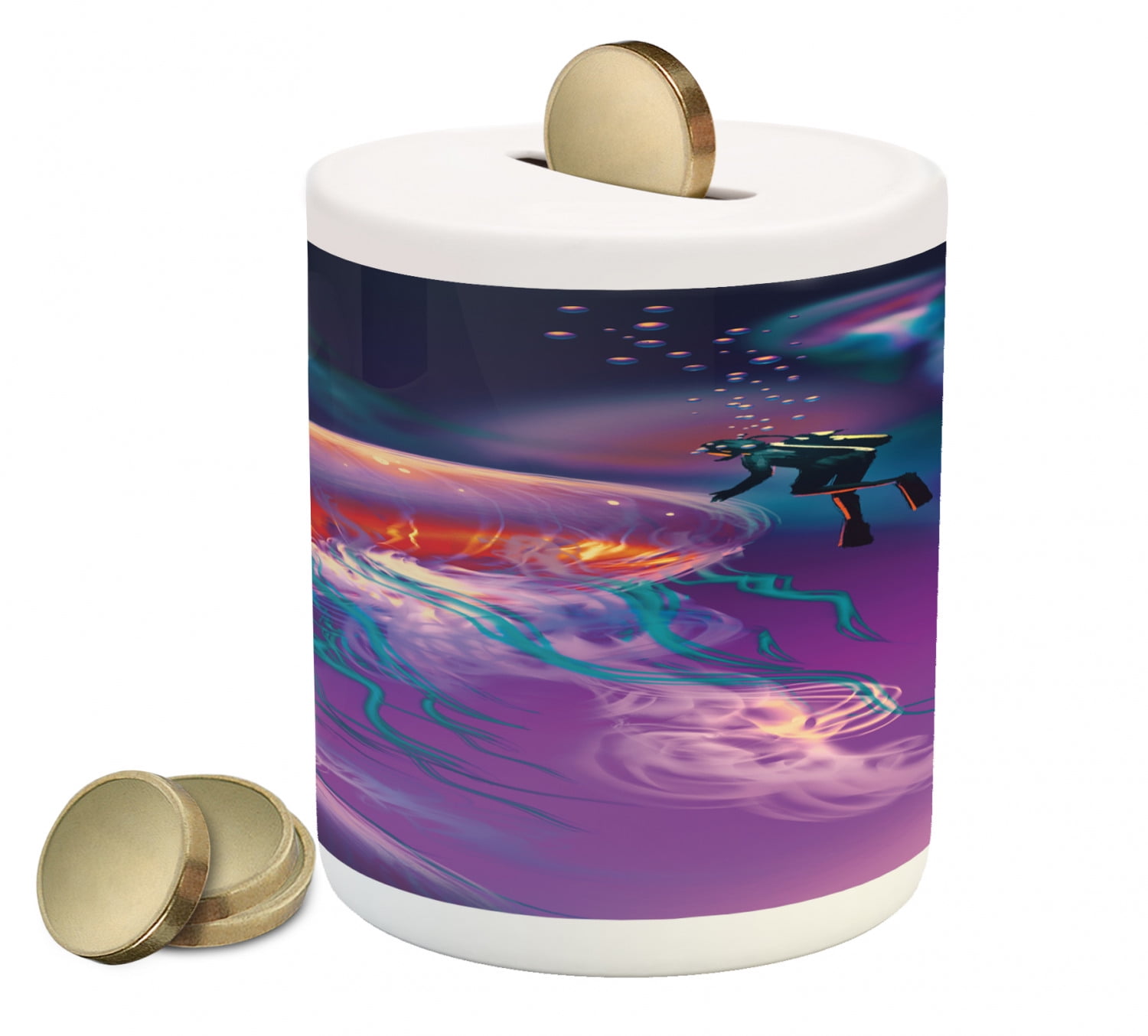 Fantasy Piggy Bank, Diver with Giant Jellyfish Underwater World Artisan ...