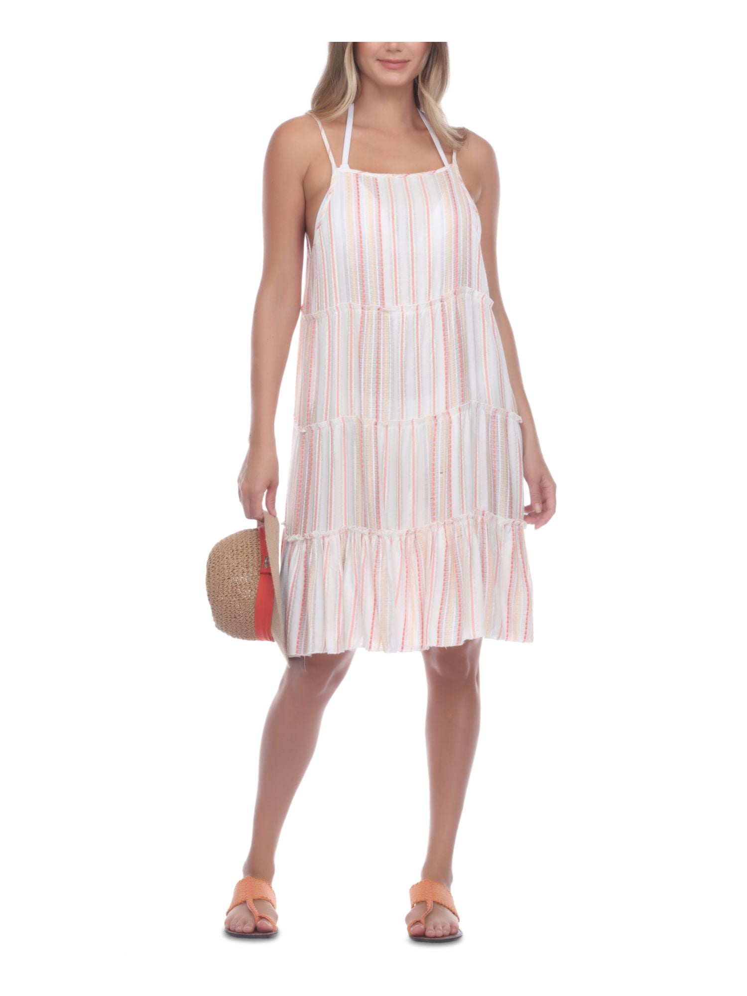 RAVIYA Women's Orange Striped Square Neck Adjustable Tiered Swimsuit ...