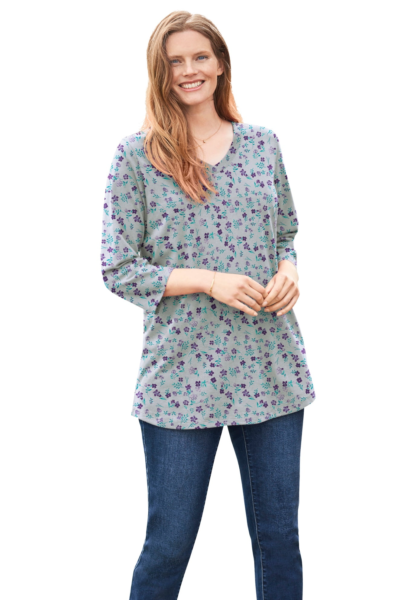 Woman Within Women's Plus Size Perfect Printed Three-Quarter Sleeve V ...