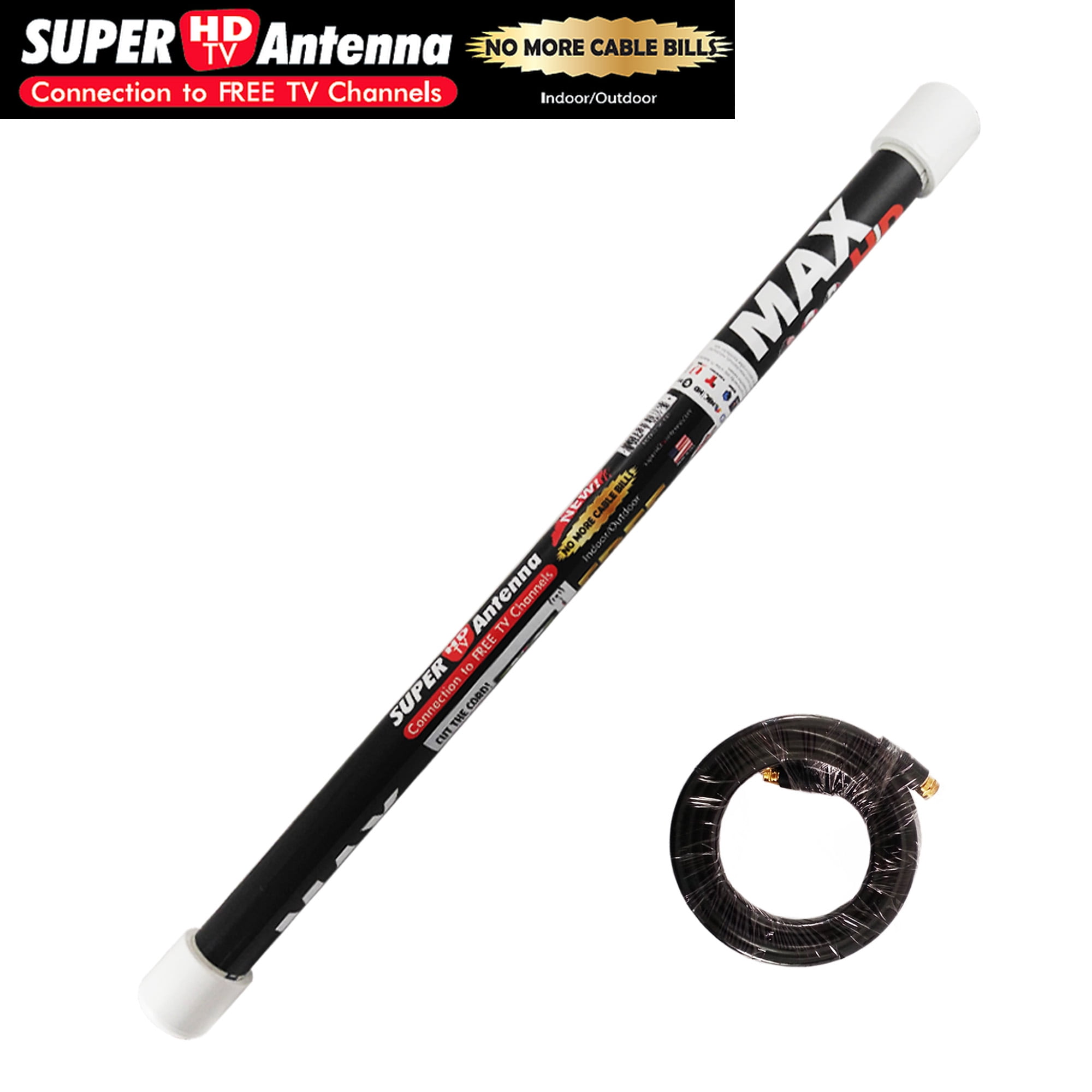 Super HD TV MAX Antenna Extra Long Free HD Indoor/Outdoor W/20ft Black ...