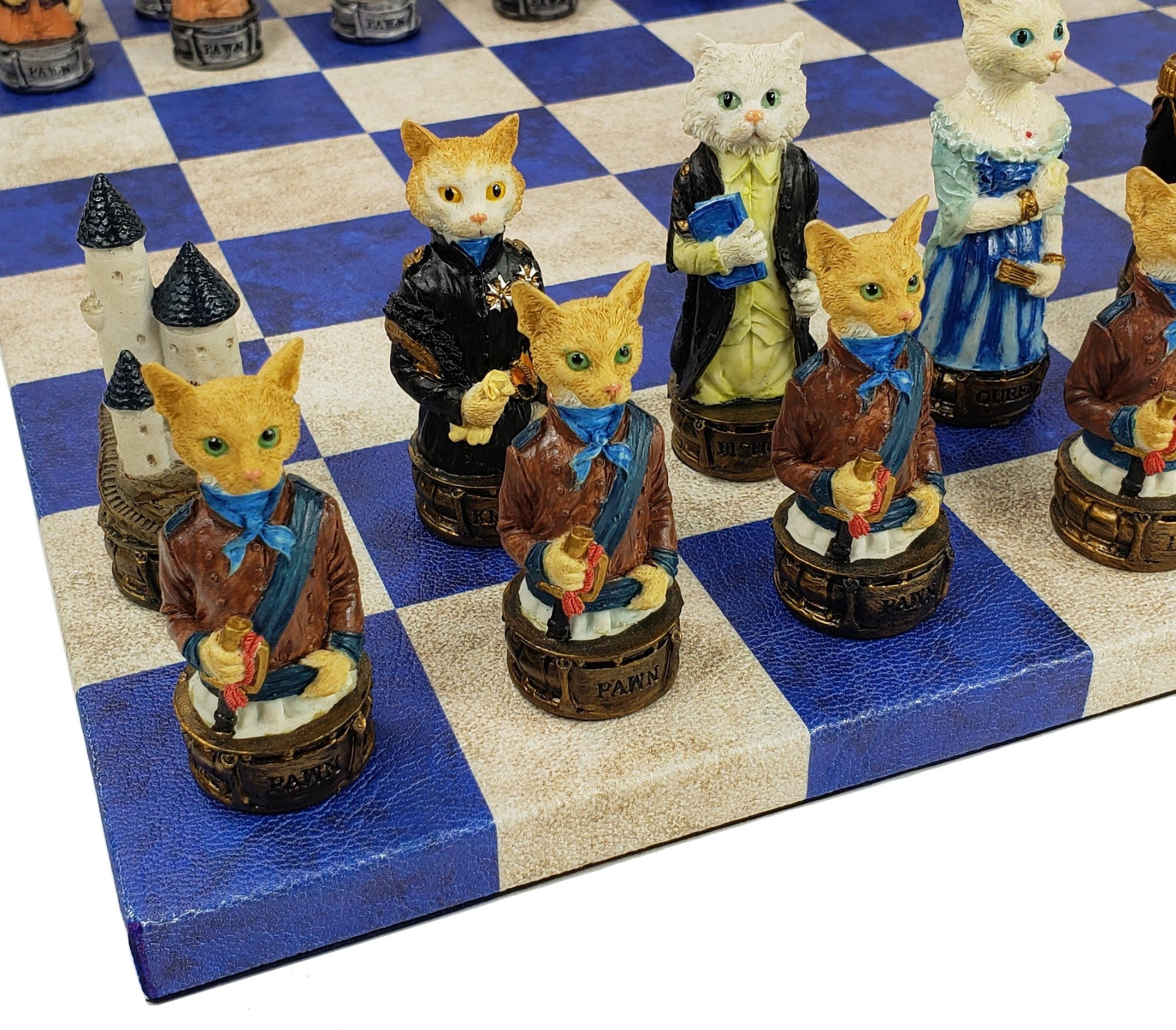 Cats Vs Dogs Animals Chess Set With 14 inch Blue and Cream Faux Leather ...