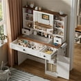 PAKASEPT Farmhouse Vanity Desk with Sliding Mirror and Lights, Glass ...