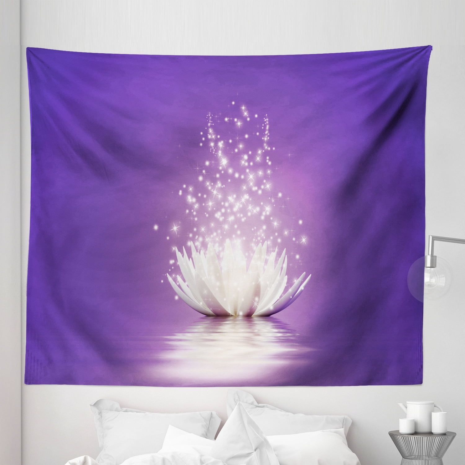 Flowers Tapestry, Magic Lotus Petals and Rippling Water Reflections on Purple Colored Backdrop ...