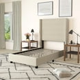 Merrick Lane Minimalist Twin Bed Frame, Padded Faux Linen Headboard ...