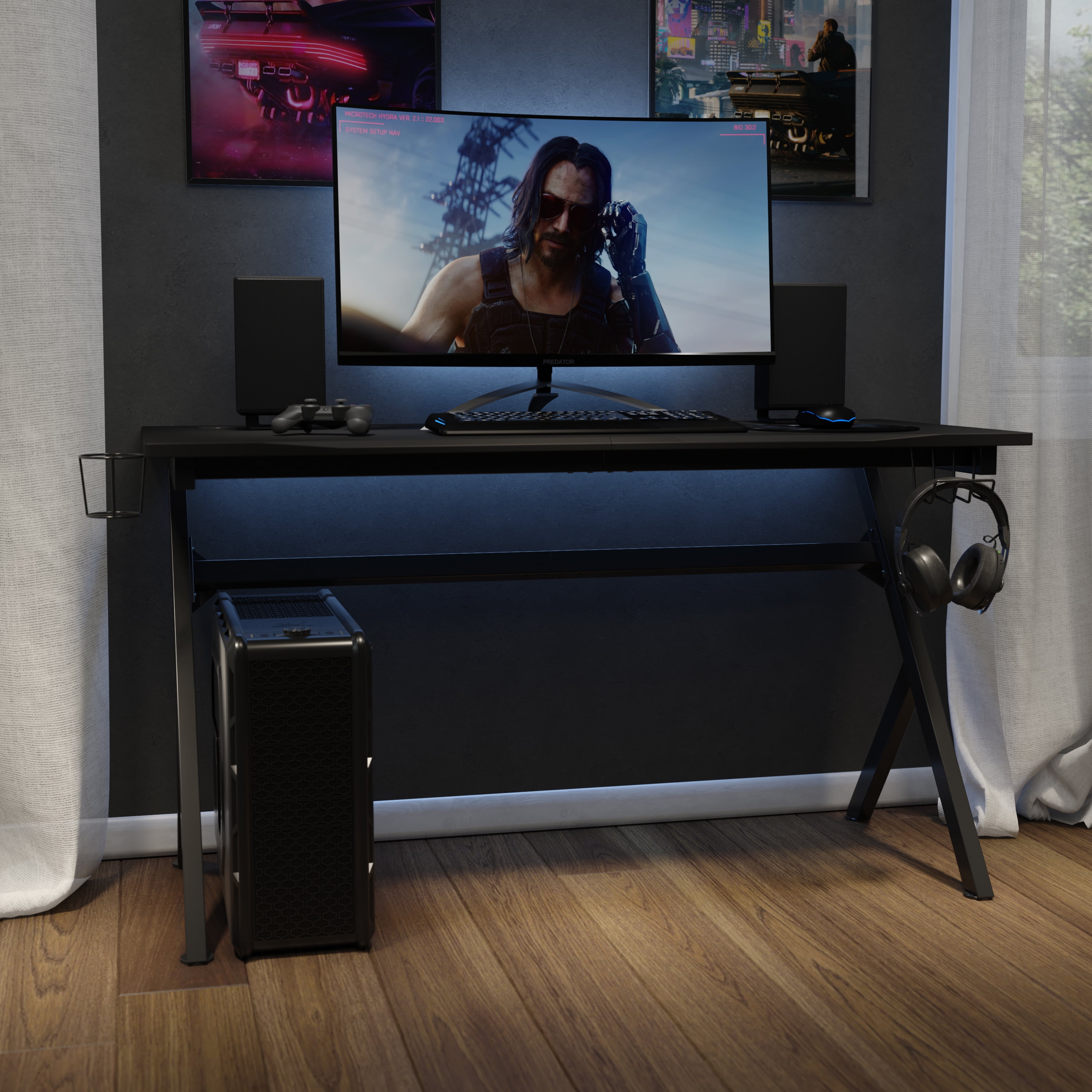 BizChair 55" x 24" Extra Large Gaming Desk with Headphone Hook and Cup ...