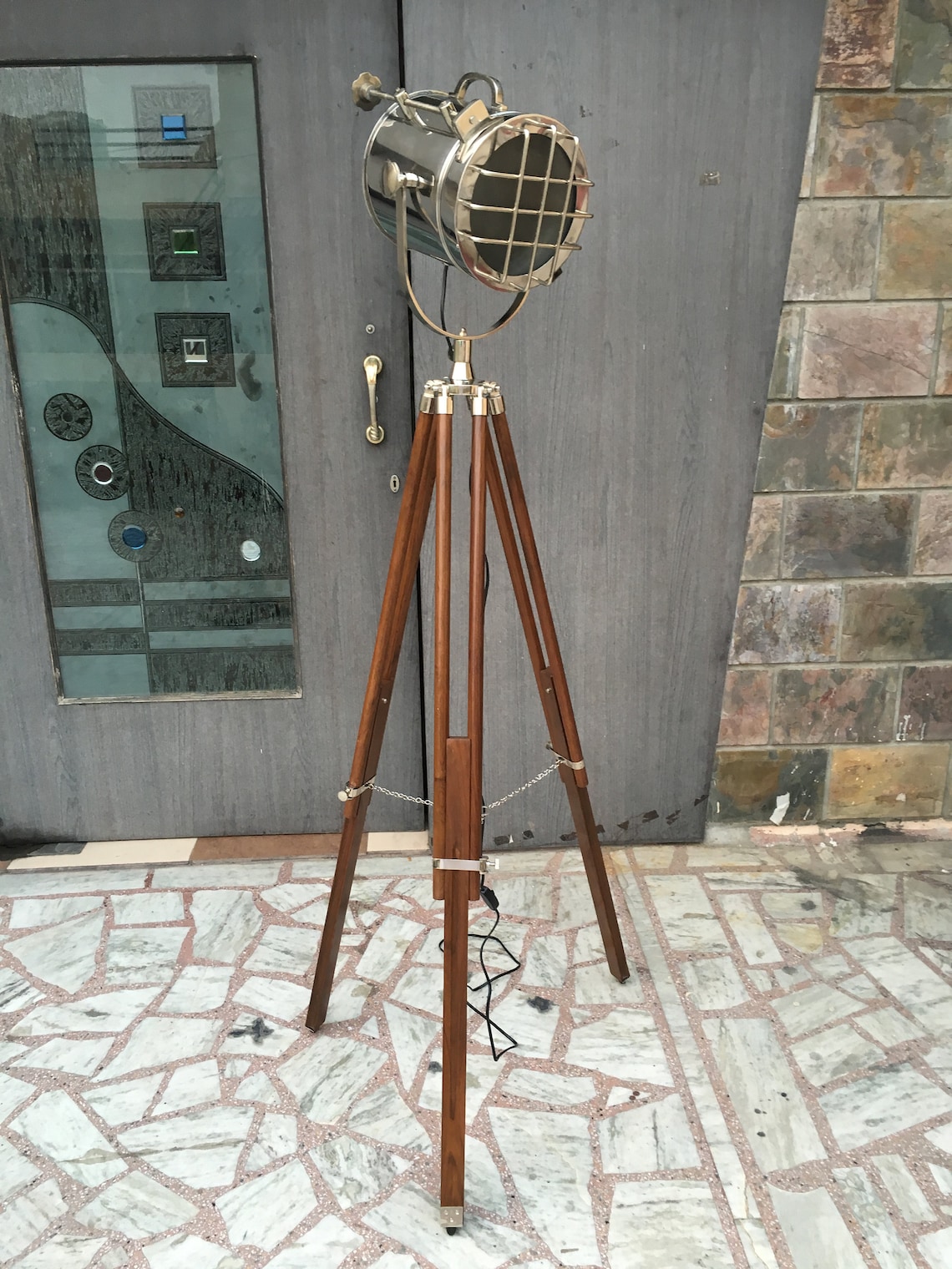 Handmade Wooden Tripod Studio Lamp Marine Flap Searchlight Chrome ...