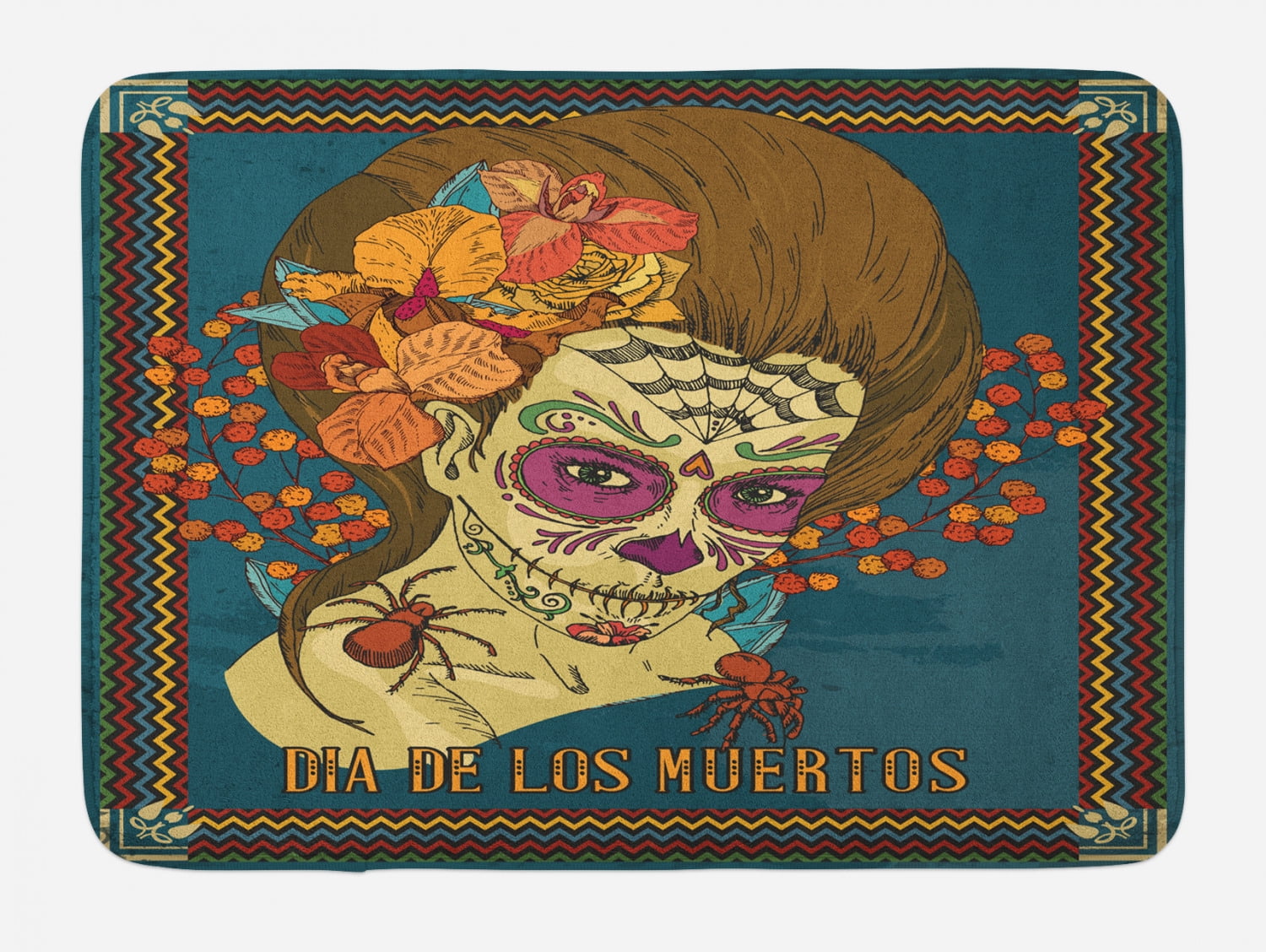 Day Of The Dead Bath Mat, Dia de Los Muertos Skull Girl with Roses ...
