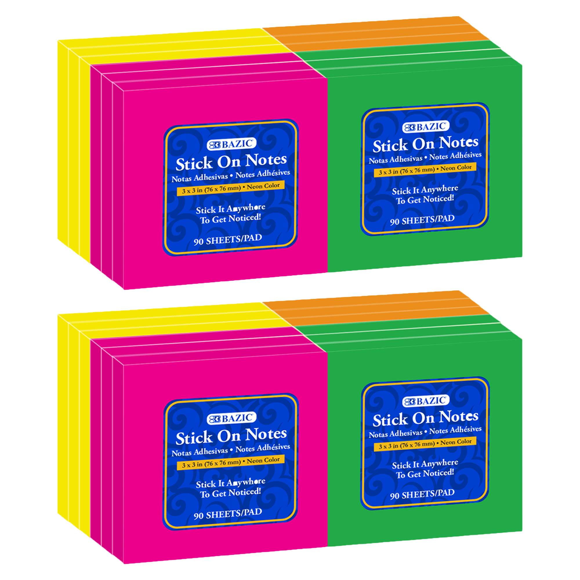 BAZIC Sticky Notes 3x3 Neon Assorted Colors Post Self Stick Note (1080 ...