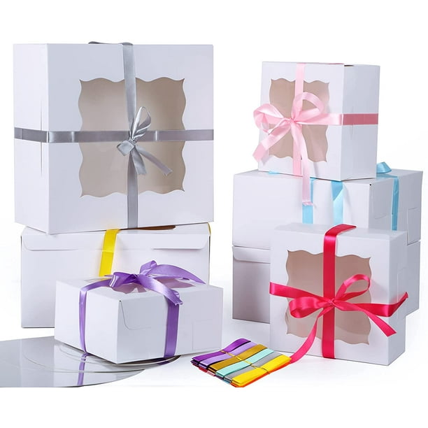 HTWW Cake Boxes Window Cardboard Cake Boxes Set, 7 Pieces Sturdy White ...