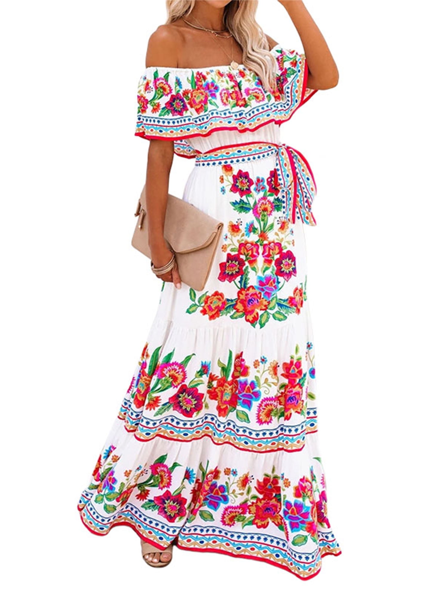Lumento Ladies Long Dress Floral Print Summer Beach Sundress Off