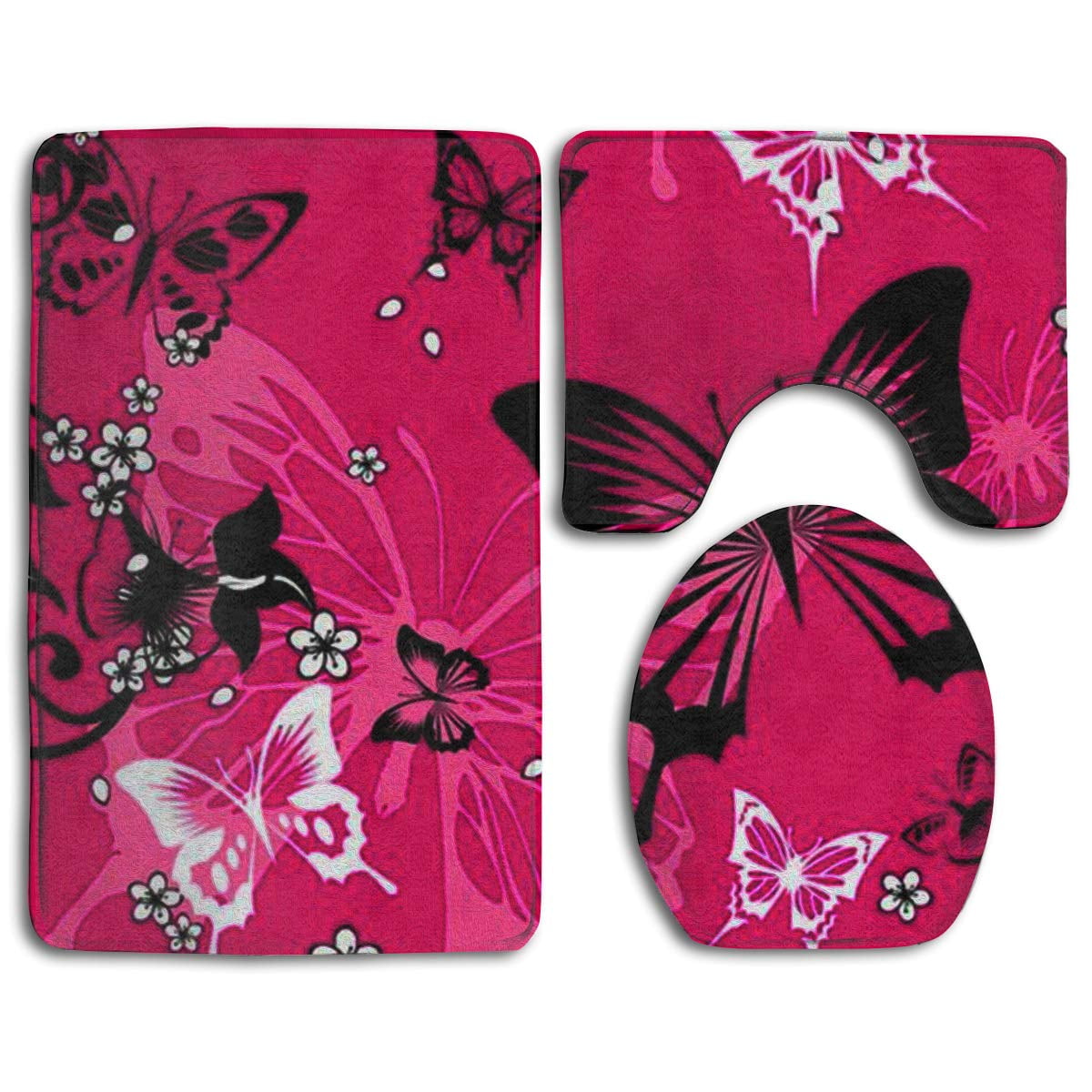 GOHAO Red Butterfly 3 Piece Bathroom Rugs Set Bath Rug Contour Mat and ...