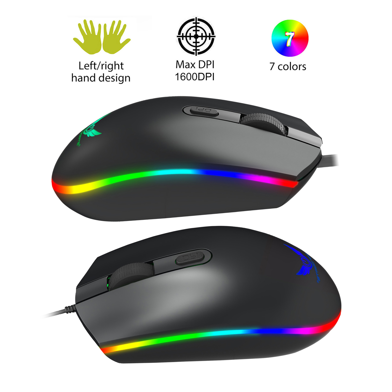 Wired RGB Gaming Mouse 1600 DPI Adjustable 7 Backlit Lighting Modes