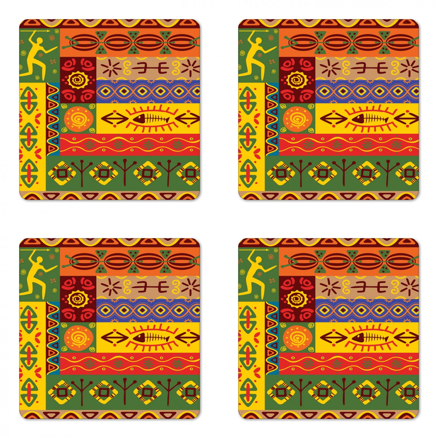 African Coaster Set of 4, Abstract West Folk Art Forms Unique Lines ...