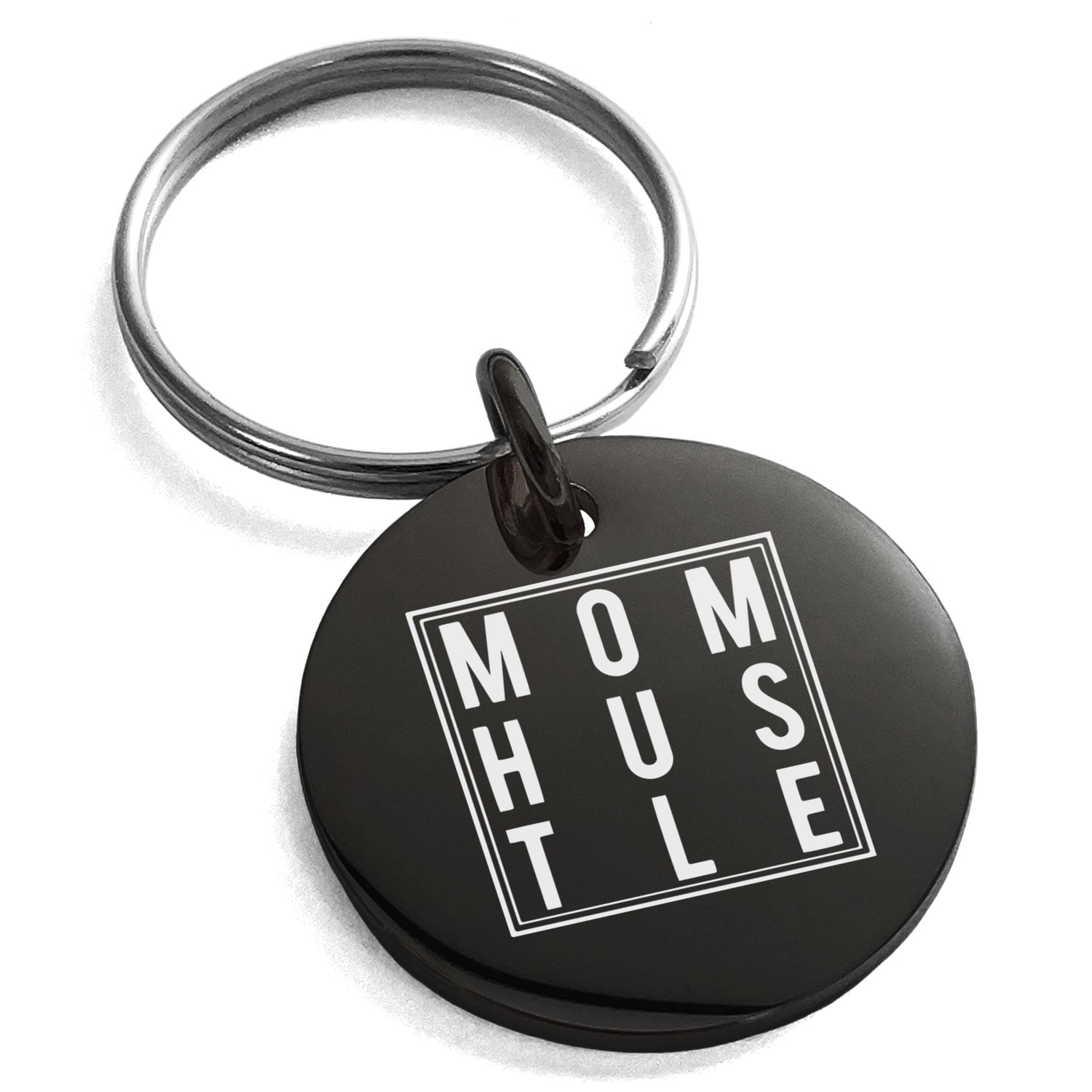 Black Stainless Steel Mom Hustle Small Medallion Circle Charm Keychain ...