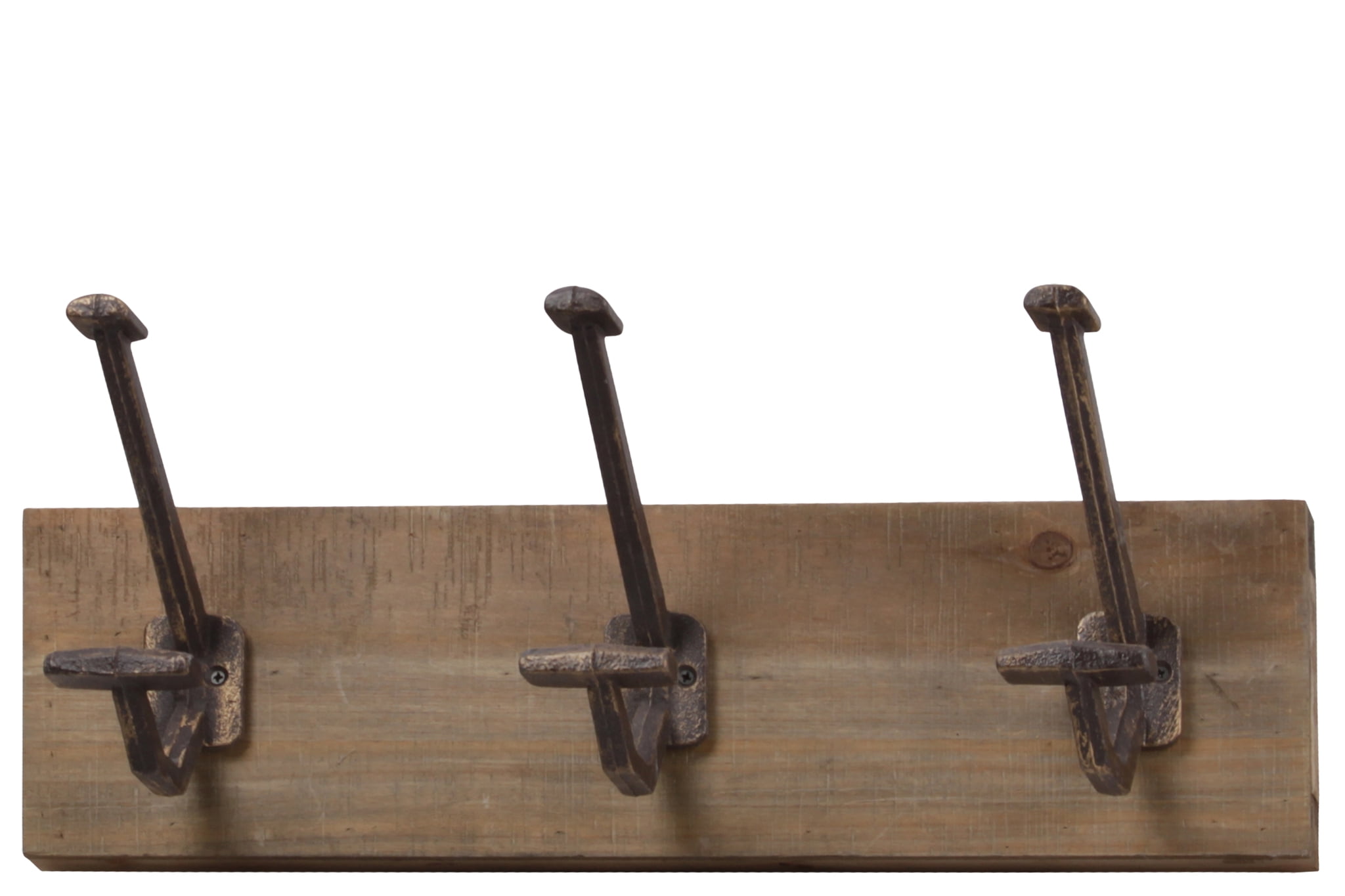 Wood Rectangle Wall Hanger with 3 Tarnished Gold Double Metal Hooks and ...