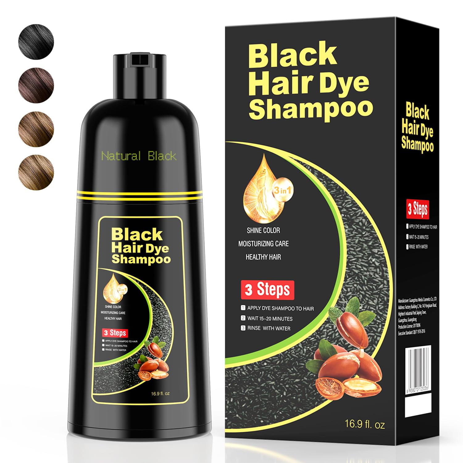 Champú colorante para el cabello KAISASA Black, 500 ml, 3 en 1, argán y ...