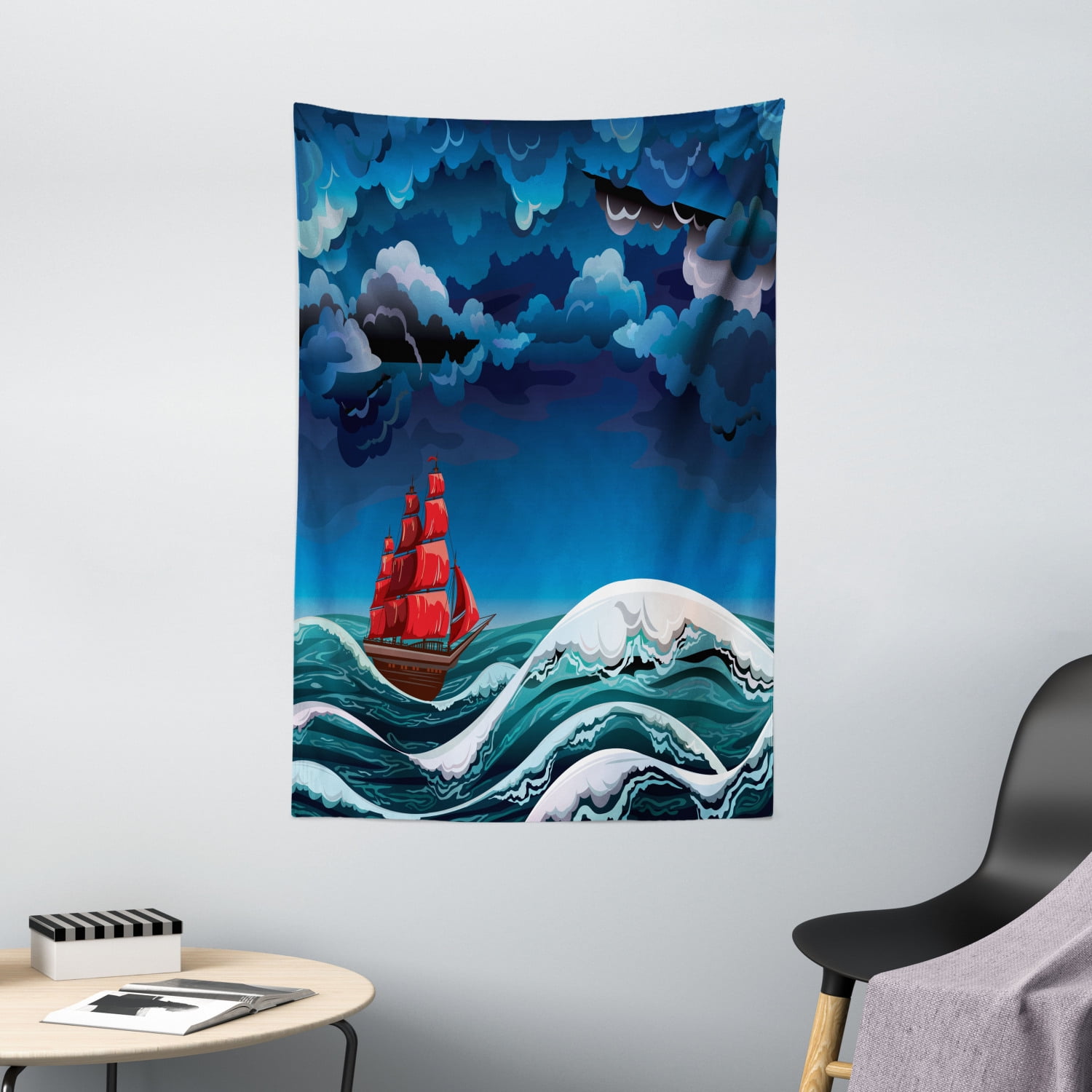 Nautical Tapestry, Vintage Vessel Sailing in Stormy Weather at Dark ...