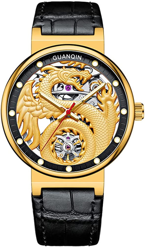 GUANQIN Skeleton Tourbillon Automatic Mechanical Men Chinese Dragon ...