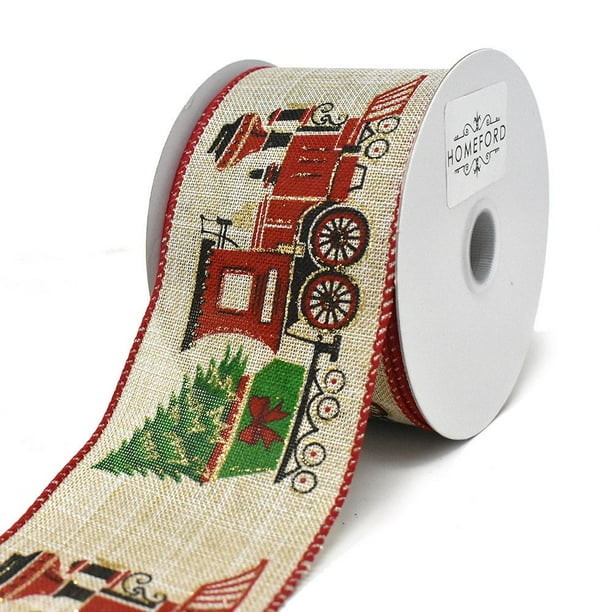 Natural Linen Christmas Trains Wired Ribbon, 2-1/2-Inch, 10-Yard ...