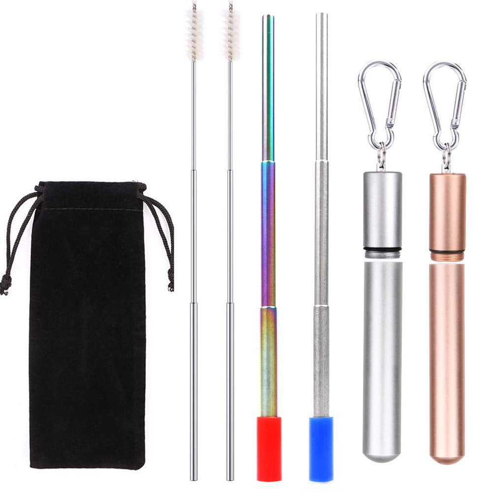 2 Pack Reusable Collapsible Straws Telescopic Stainless Steel Drinking