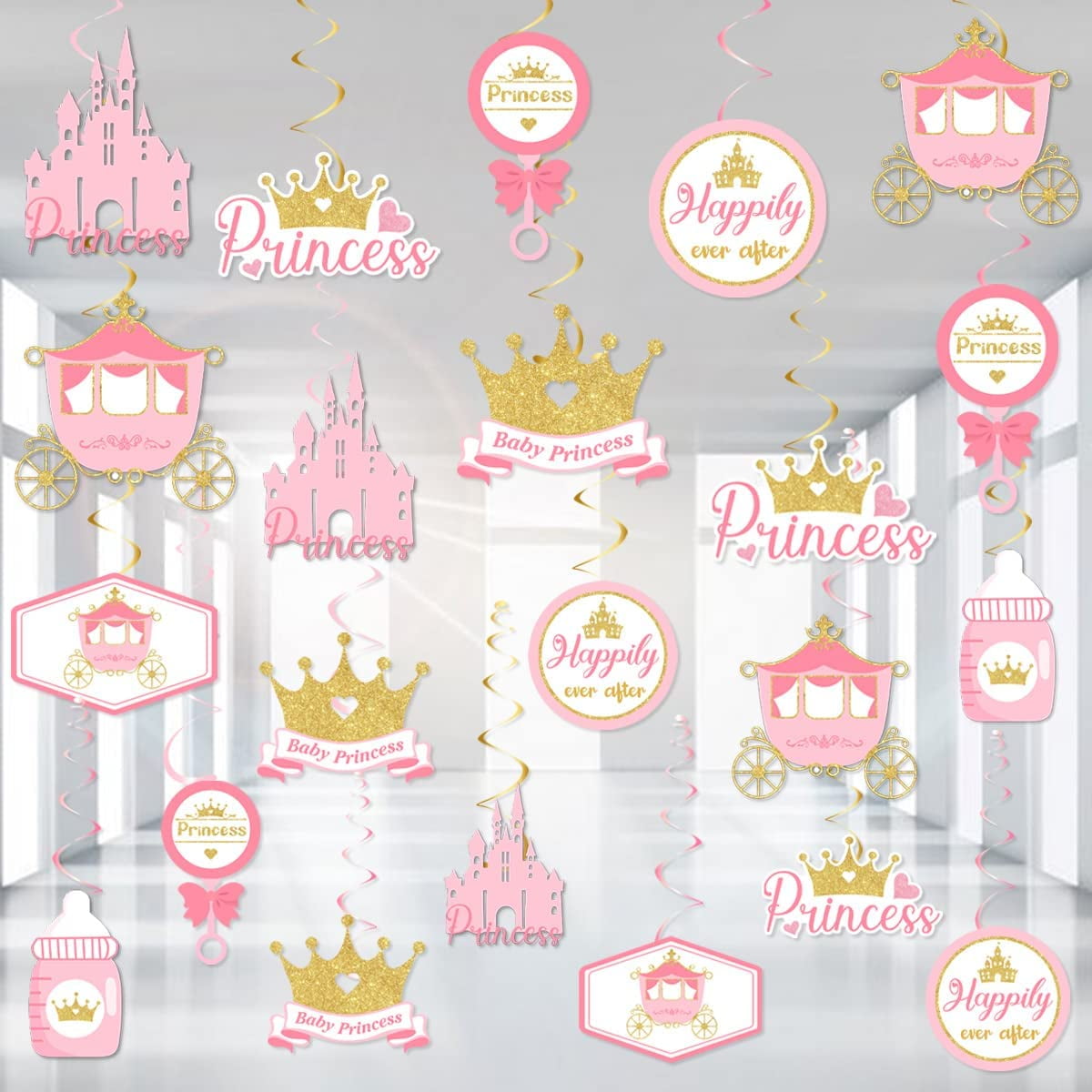 24PCS Princess Baby Shower Hanging Swirl Decorations, Pink and Gold ...