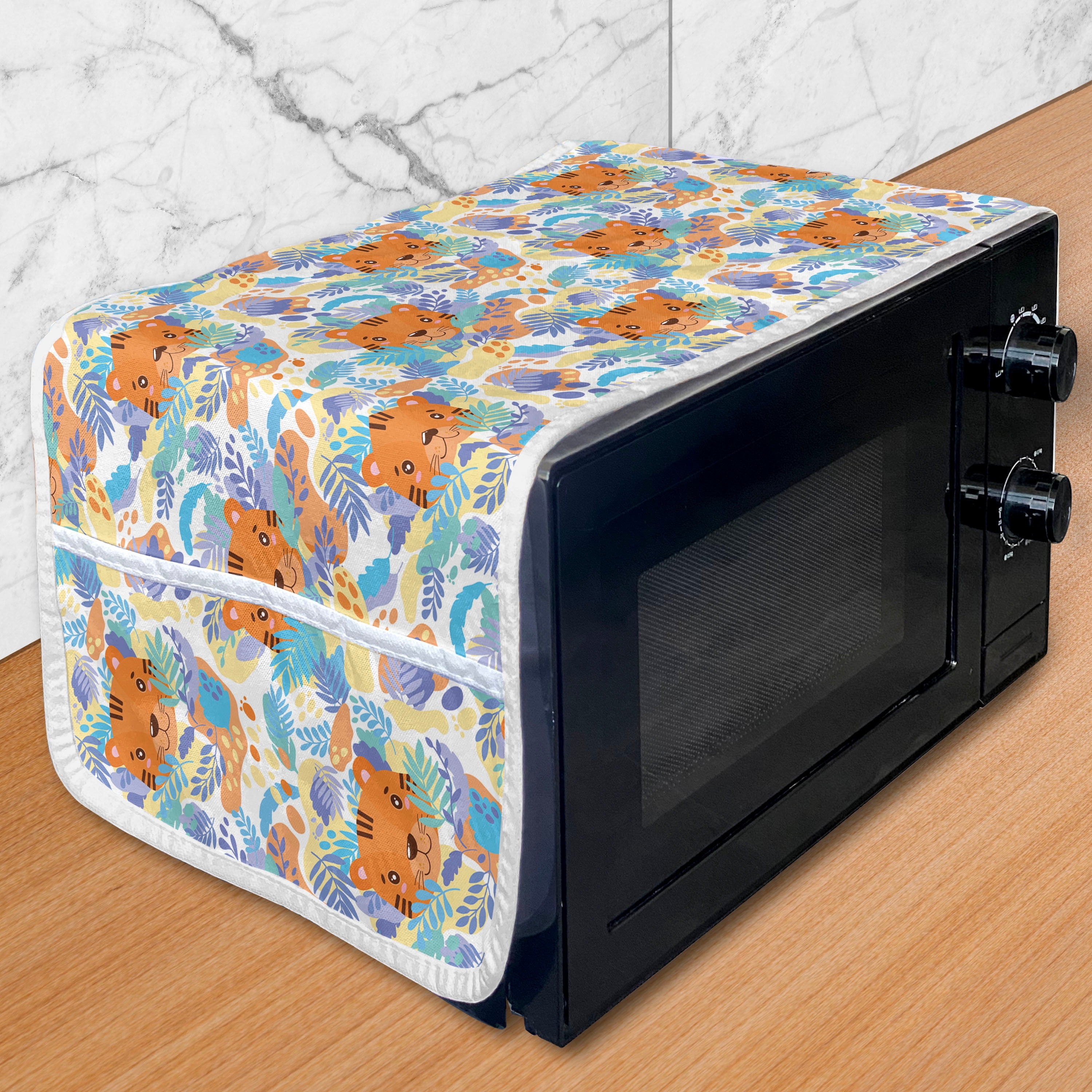 Cartoon Microwave Oven Cover, Botanical Animal Print with Tigers and Leafy Branches, Water ...