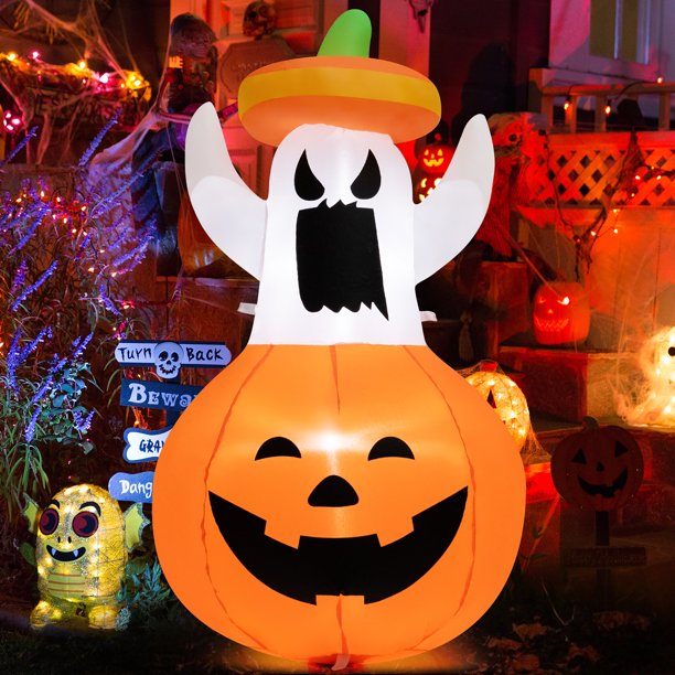 Costway 4FT Halloween Inflatable Decoration Blow-up Ghost w/Hat ...