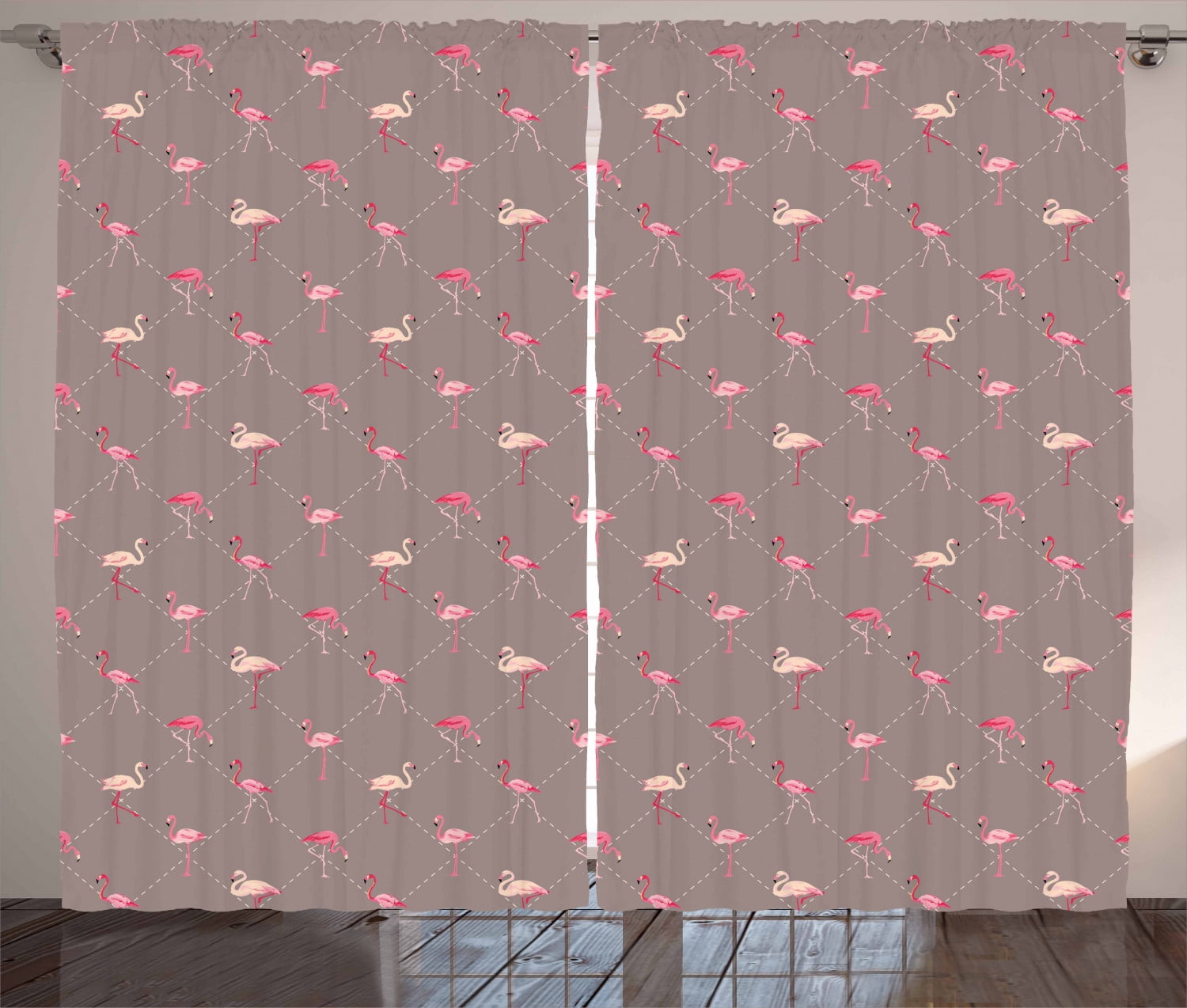 Flamingo Curtains 2 Panels Set, Standing Walking Exotic Pink Flamingo ...