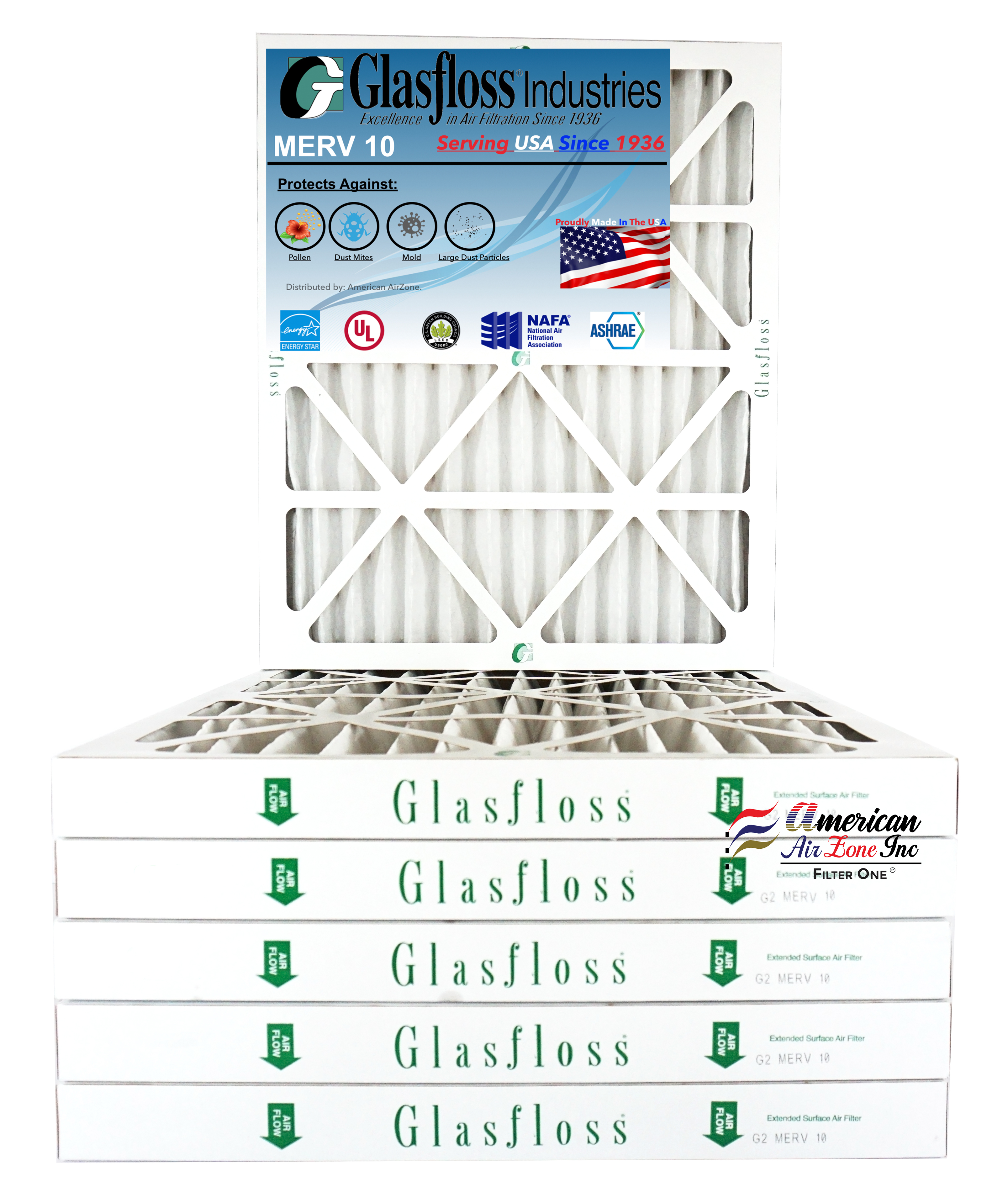 Glasfloss Air Filter 20x25x2 - 2" MERV 10 - (Pack of 6) - Pleated AC or ...