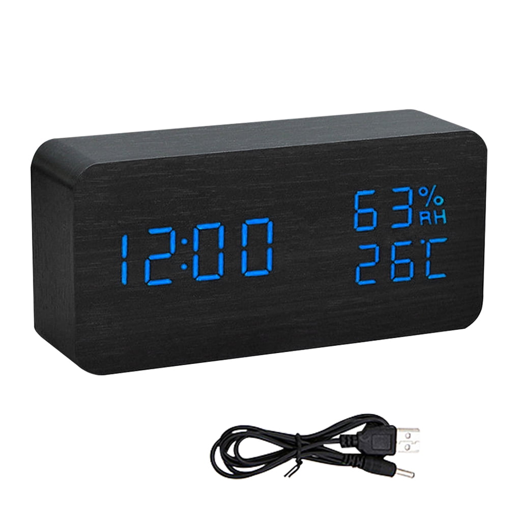 TureClos Alarm Clock LED Wood Table Humidometer Thermometer Voice ...