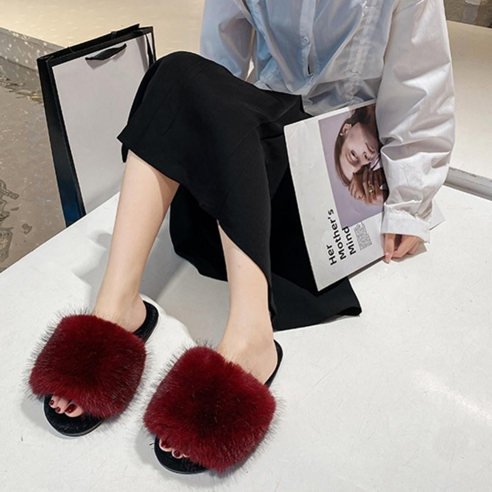 Women's Fuzzy Fluffy Furry Fur Slippers Flip Flop Open Toe Cozy House ...