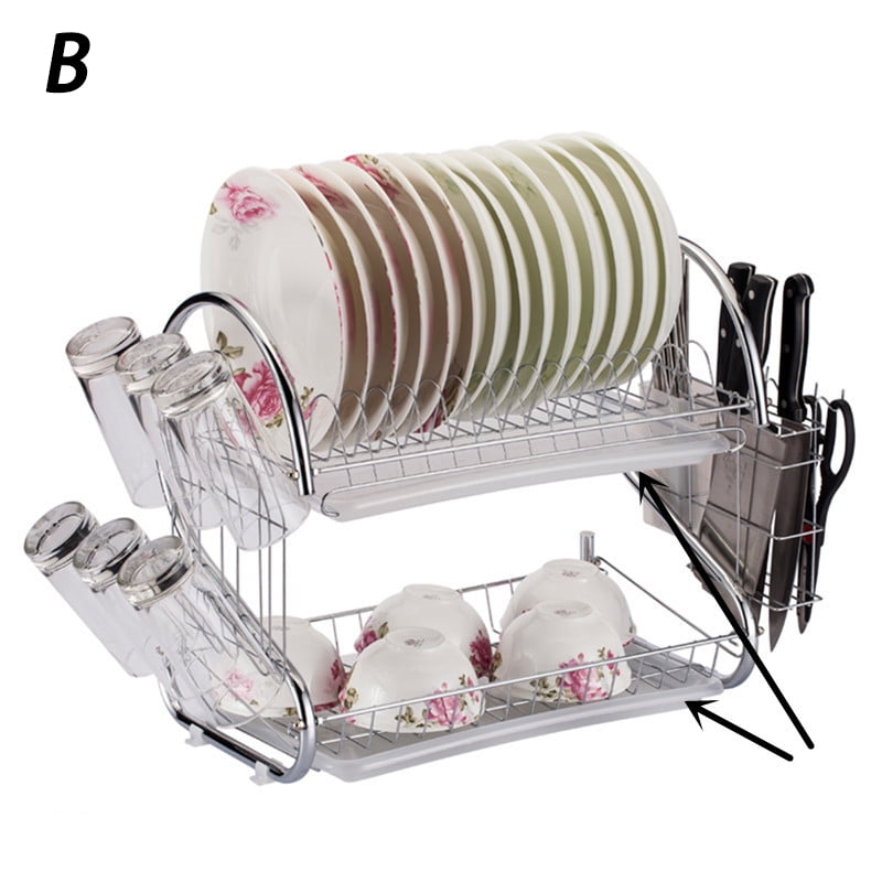 Stoneway 2-Tier Stainless Steel Dish Drying Rack Cup Drainer Strainer ...