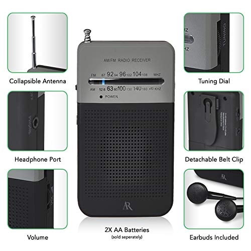 Acoustic Research Radio AM/FM portátil: acabado de goma en negro y gri ...