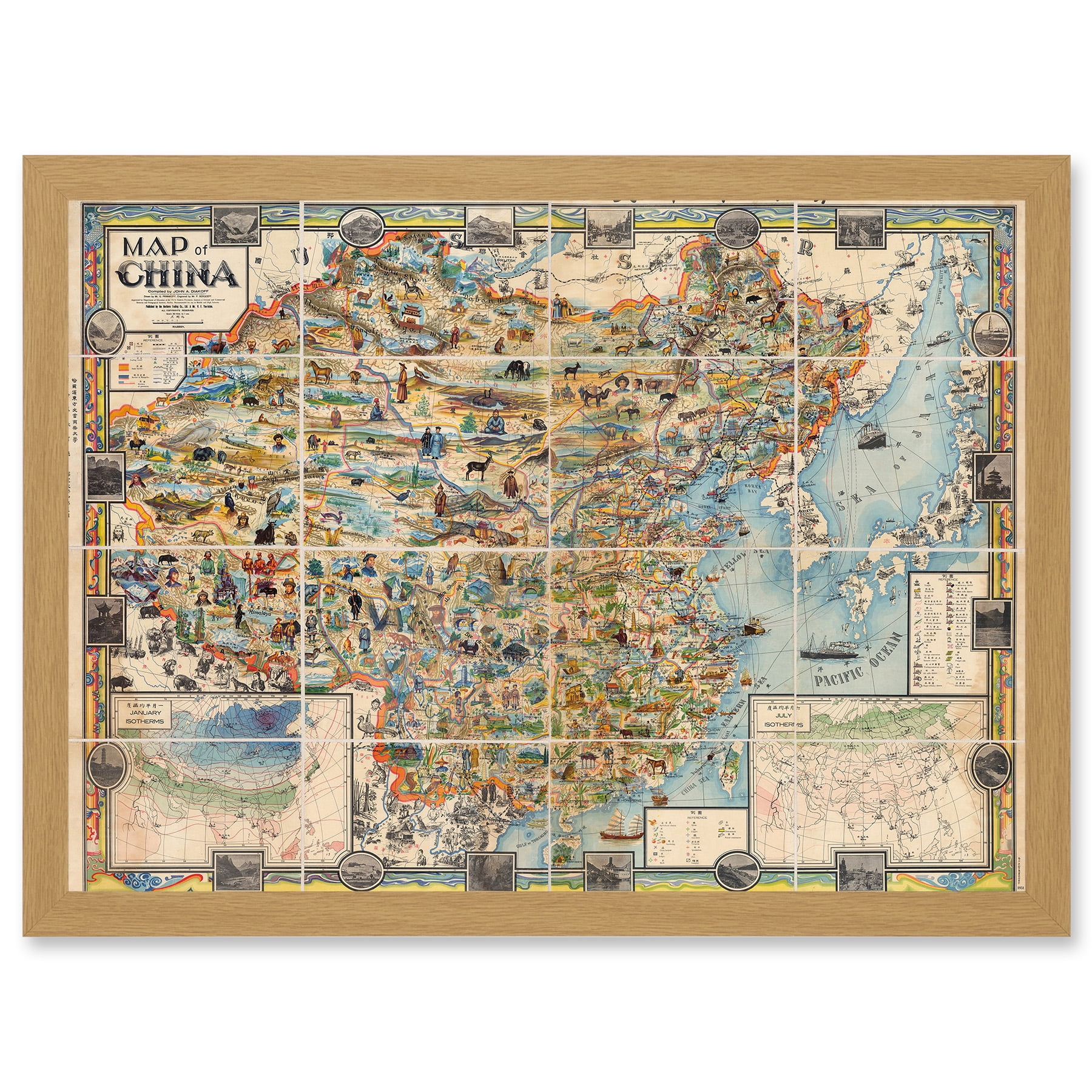 Map Diakoff 1931 China Pictorial Unfolded Artwork Framed Wall Art Print ...