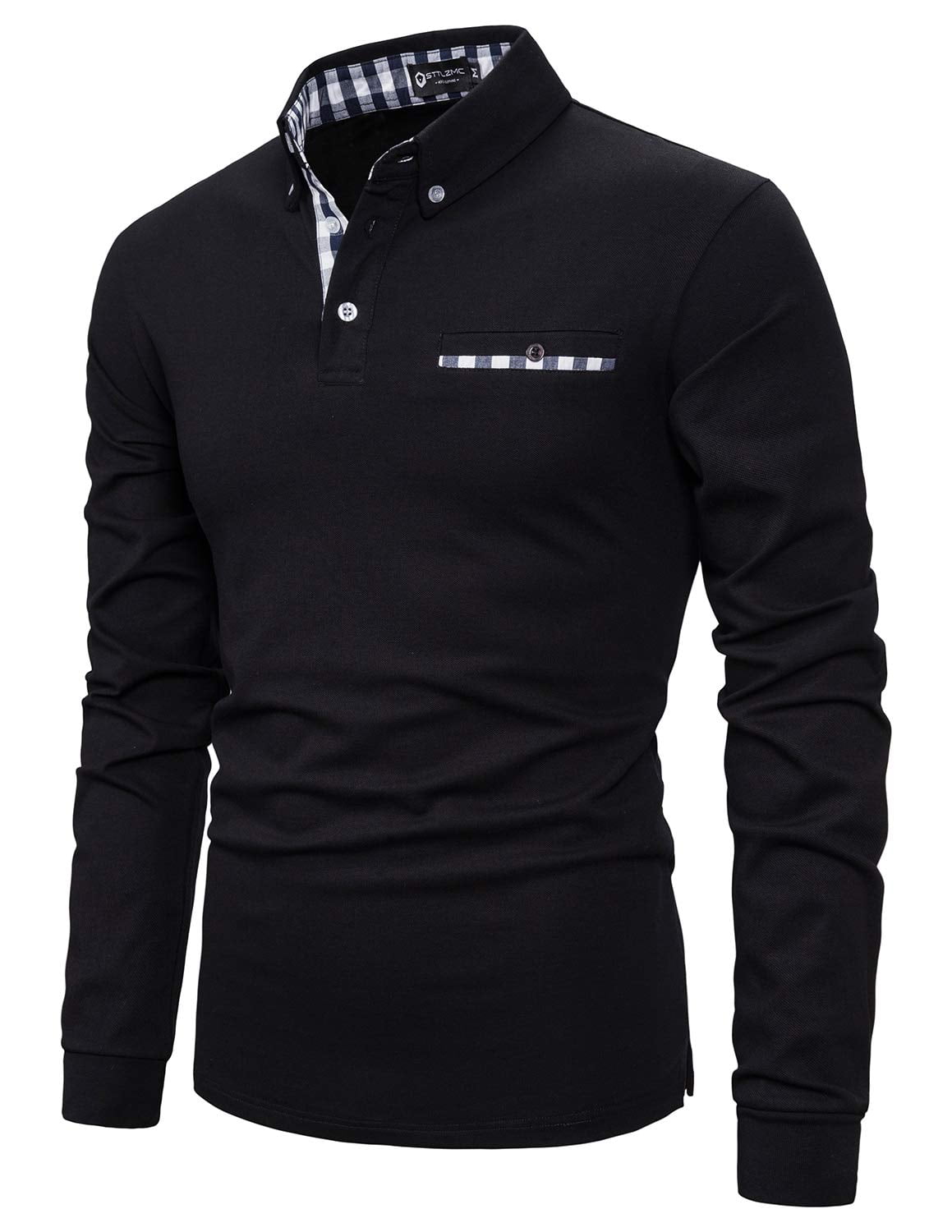 Mlanm Mens Casual Long Sleeve Plaid Collar Polo Shirt Slim Fit Basic