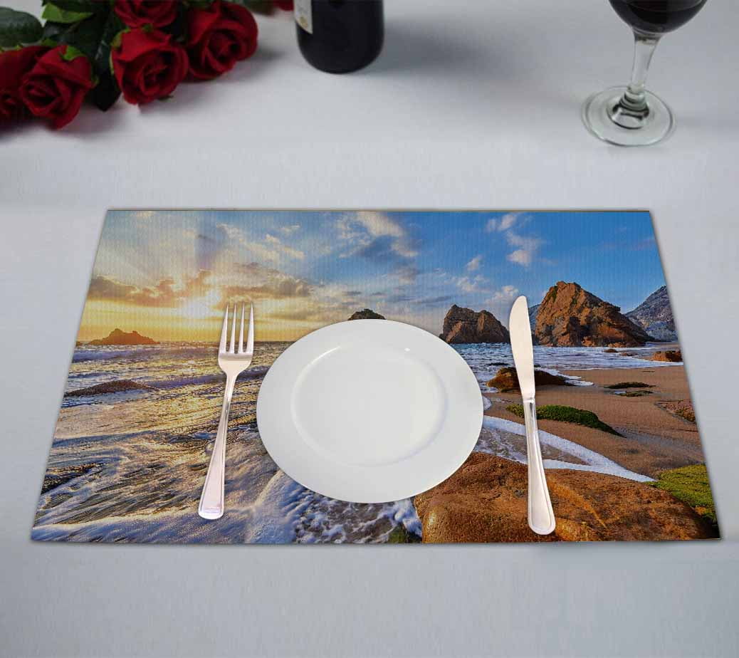 PKQWTM Atlantic Ocean Rocks Sunset Waves Foam Green Moss Kitchen Dining Table Mats Placemats ...