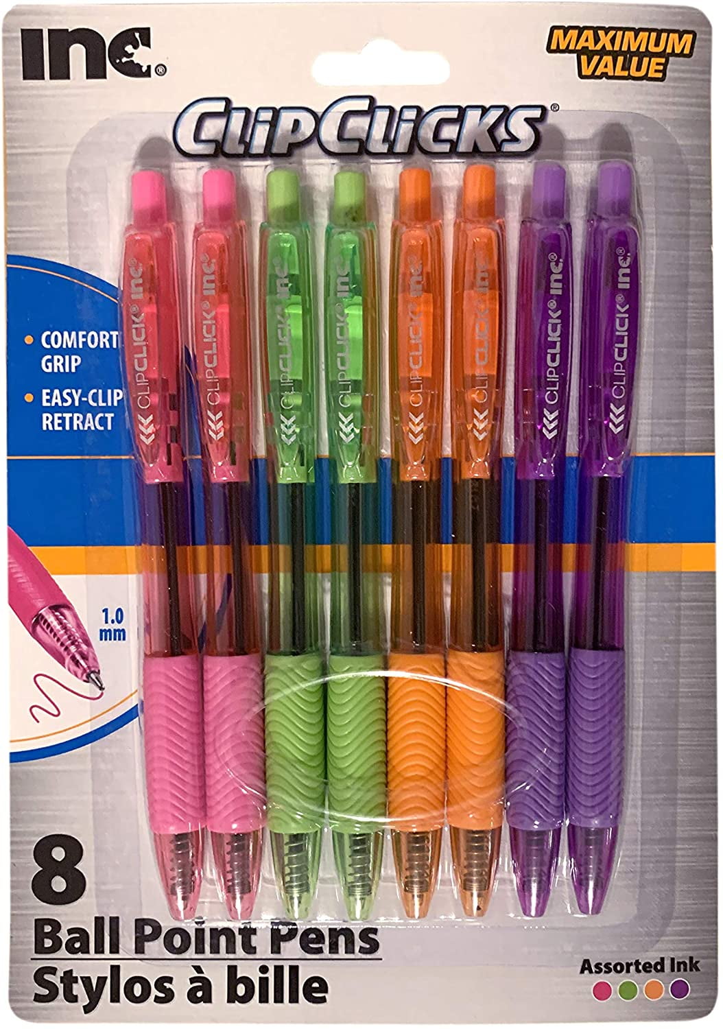 Clip Clicks - 8 Ball Point Pens - Assorted Colours (Pink, Orange, Green ...