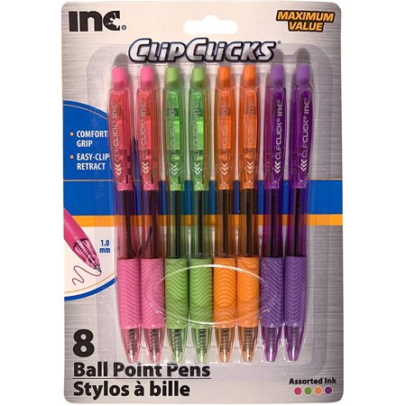 Clip Clicks - 8 Ball Point Pens - Assorted Colours (Pink, Orange, Green ...