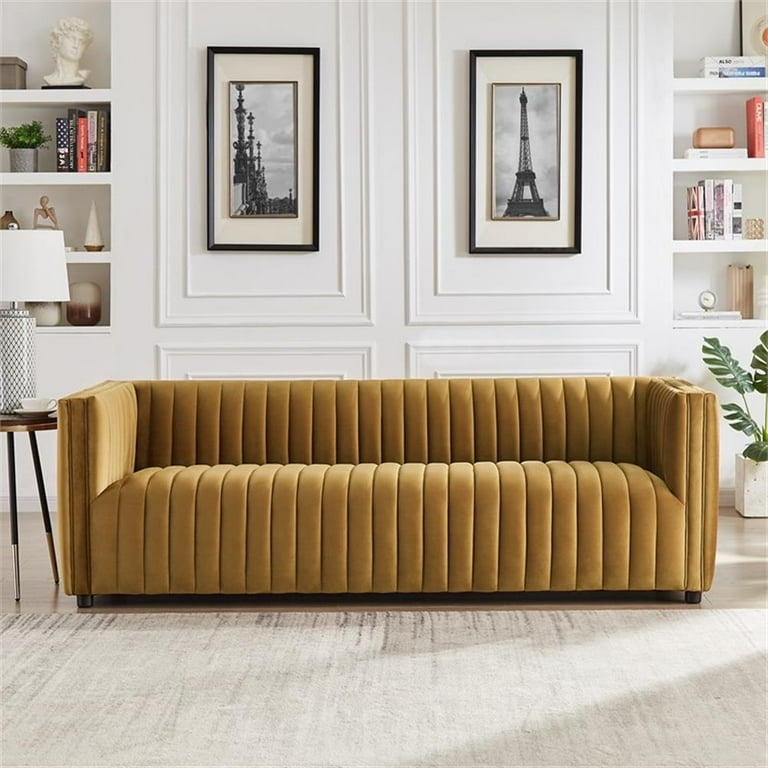 Pemberly Row Mid Century Modern Luxury Velvet Sofa Couch in Cognac Walmart