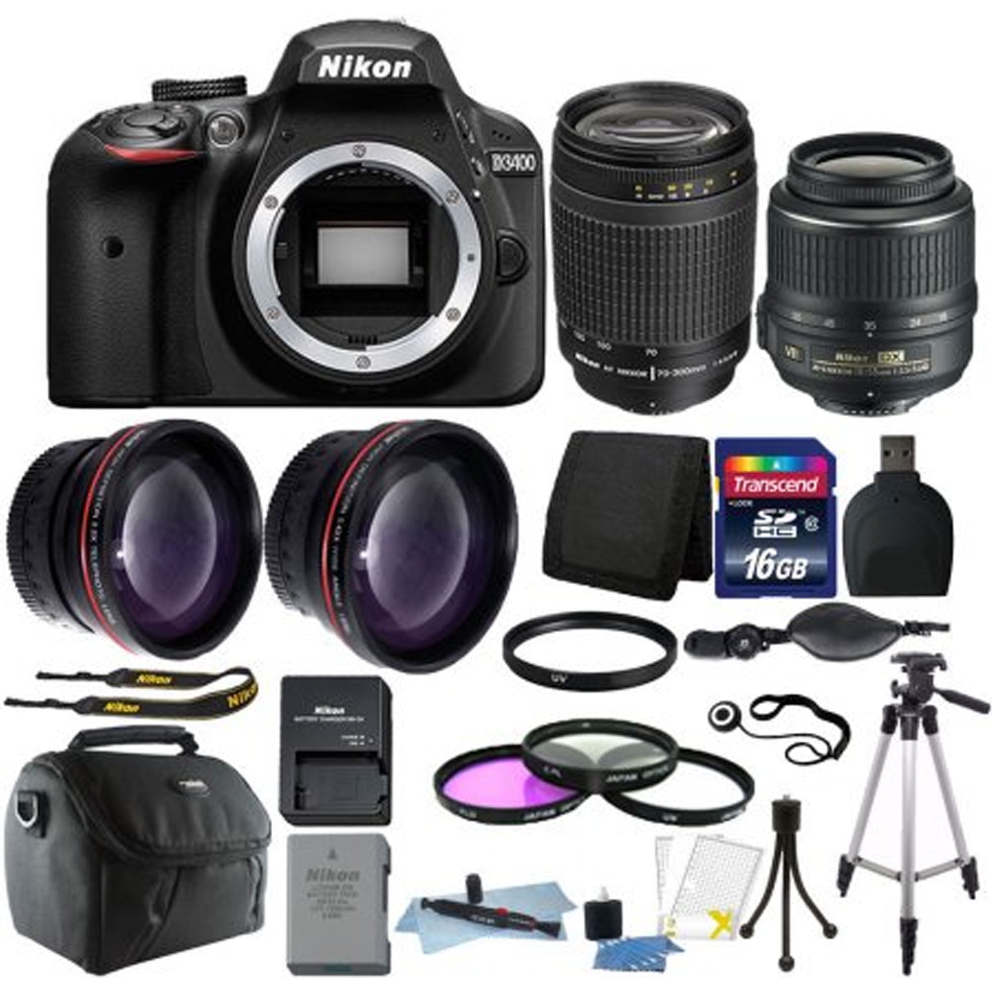 Nikon D3400 24MP Digital SLR Camera + 18-55mm + 70-300mm Lens + Deluxe ...