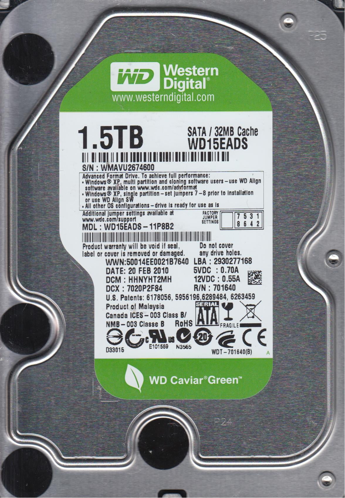 WD15EADS-11P8B2, DCM HHNYHT2MH, Western Digital 1.5TB SATA 3.5 Hard ...