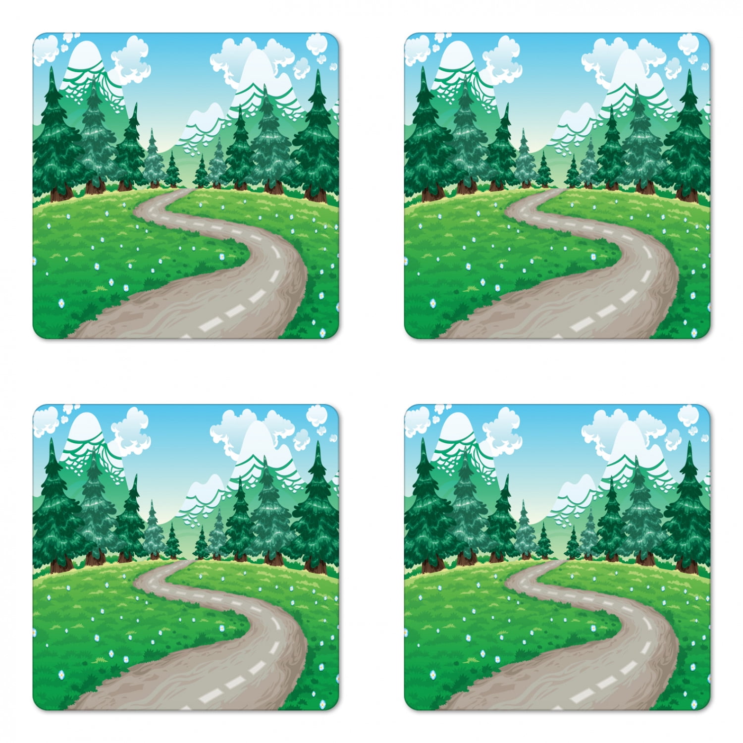 Spring Coaster Set of 4, Clear Blue Sky Landscape Spring Flowers and ...