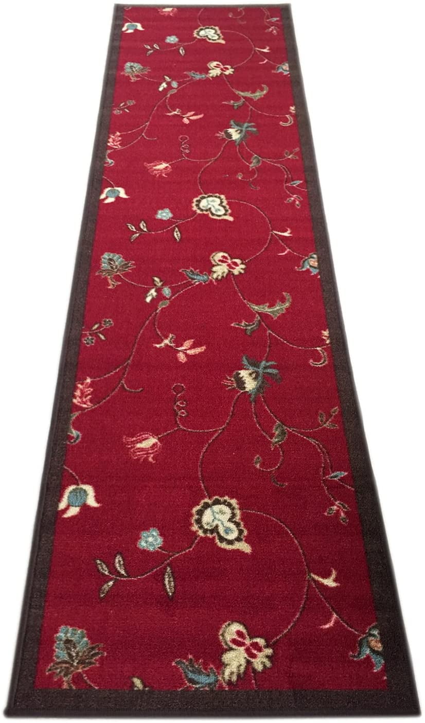 Flowers Scroll Floral Red Rug Runner Printed Slip Resistant Rubber Back ...