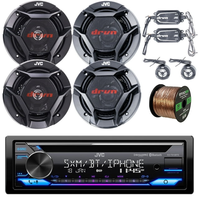 JVC KD-T910BTS Single DIN CD Player Bluetooth USB AUX AM/FM Radio Receiver Bundle with 2x 6.5" 2 ...