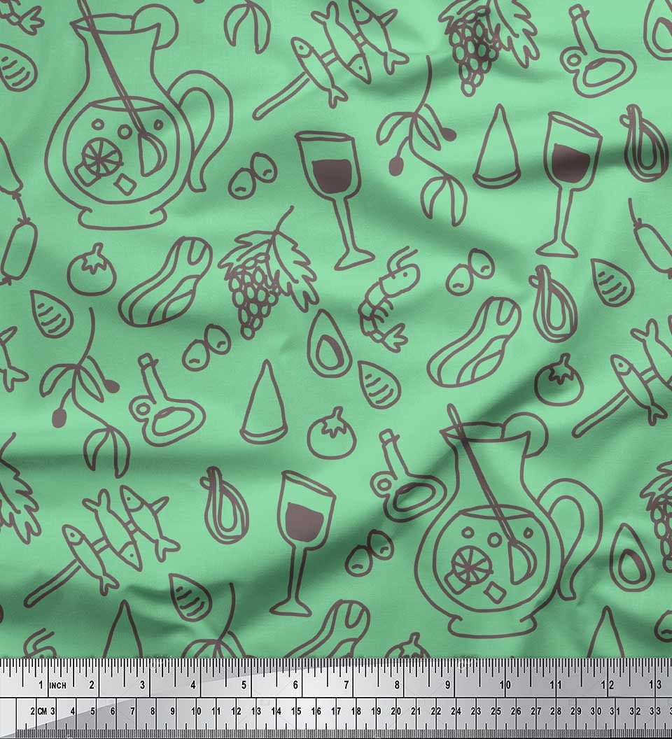 Soimoi Green Silk Fabric Grapes,Glass & Jug Hand Drawn Print Fabric by ...