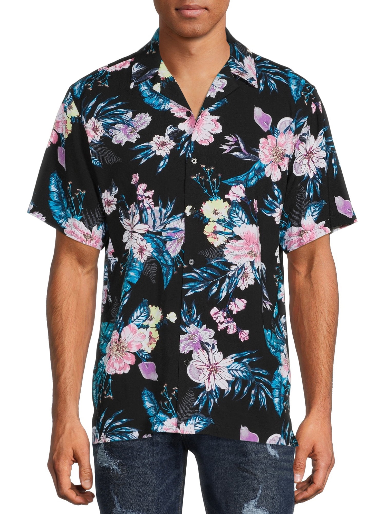 No Boundaries Men's and Big Men's Short Sleeve Printed Rayon Shirt ...